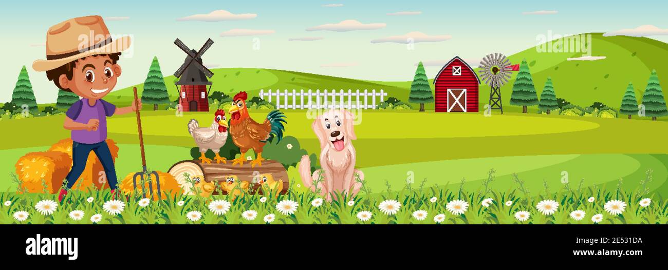 Cute boy in nature farm horizontal landscape scene at day time ...