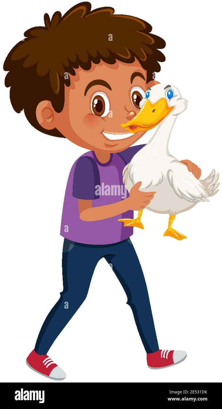 Boy holding cute animal cartoon character isolated on white background ...