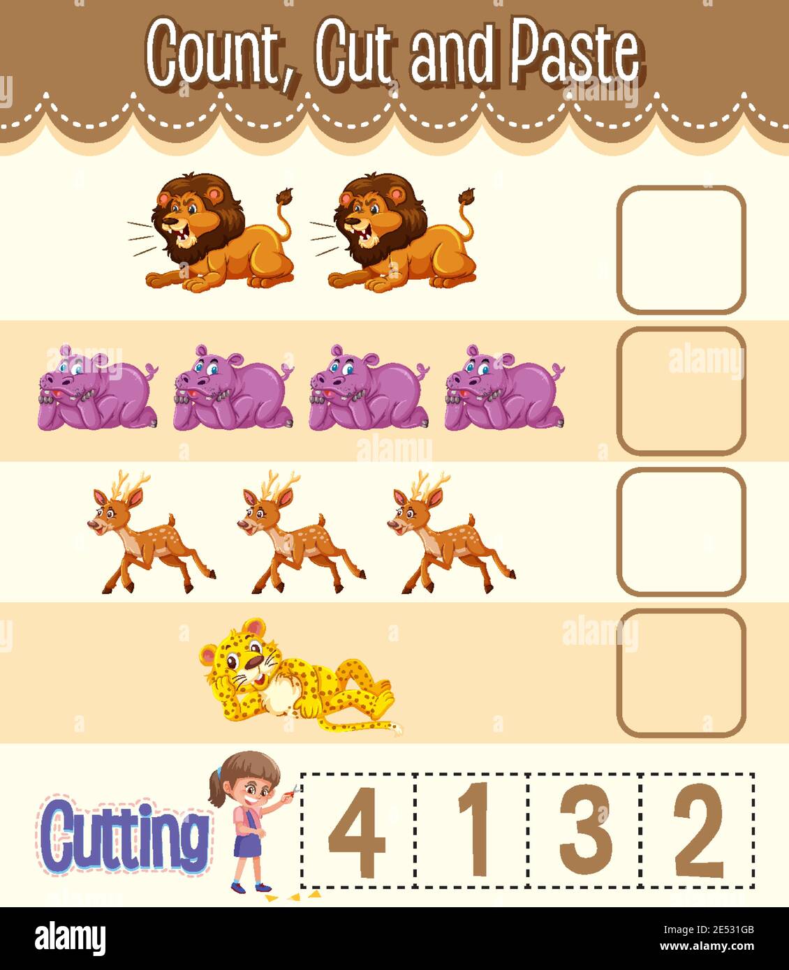 Count, Cut and Paste maths worksheet for children illustration Stock ...