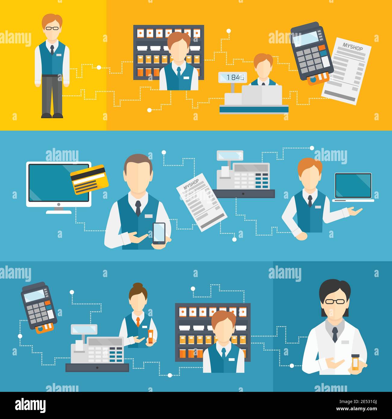 Salesman shop assistant flat banners set isolated vector illustration ...