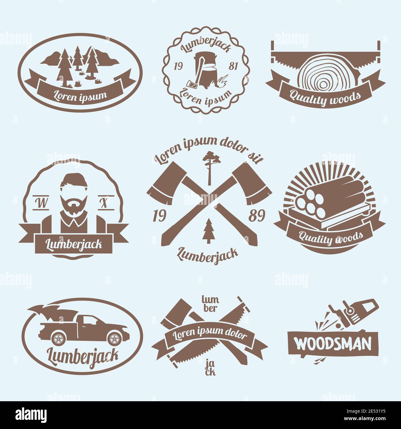 Lumberjack woodcutter labels set with carpentry tools and materials ...