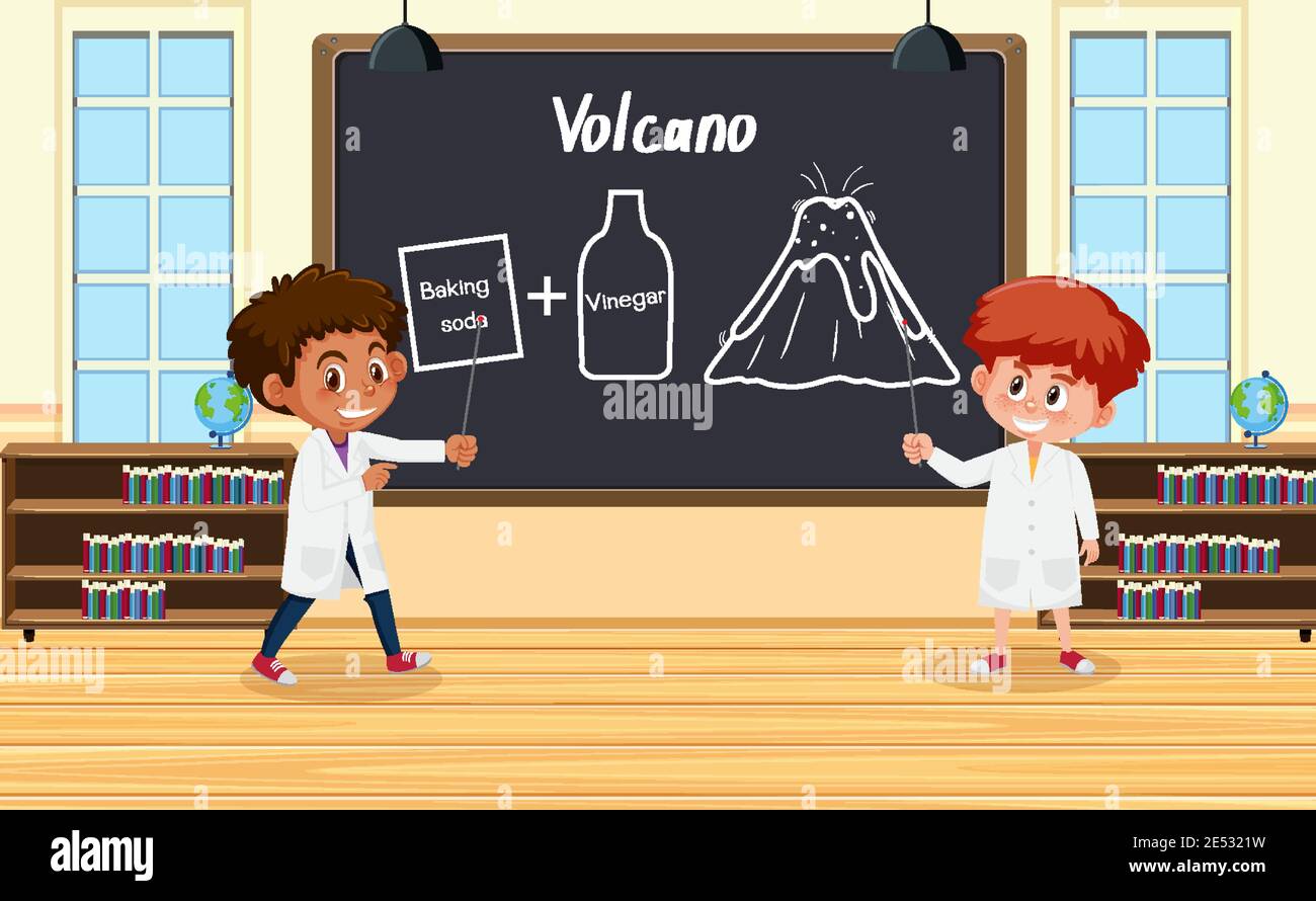 Young scientist explaining volcano experiment in front of a board in ...