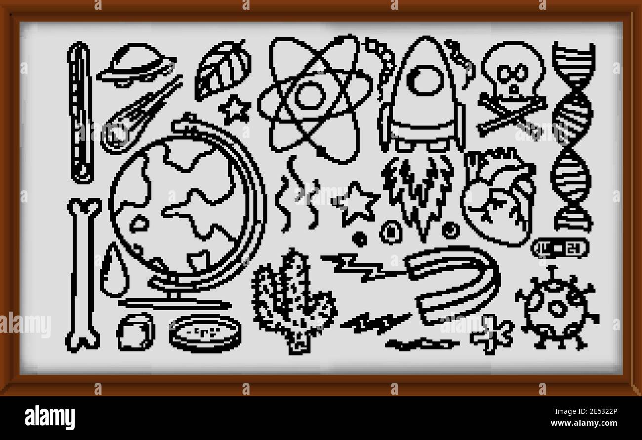 Different doodle strokes about science equipment in wooden frame ...