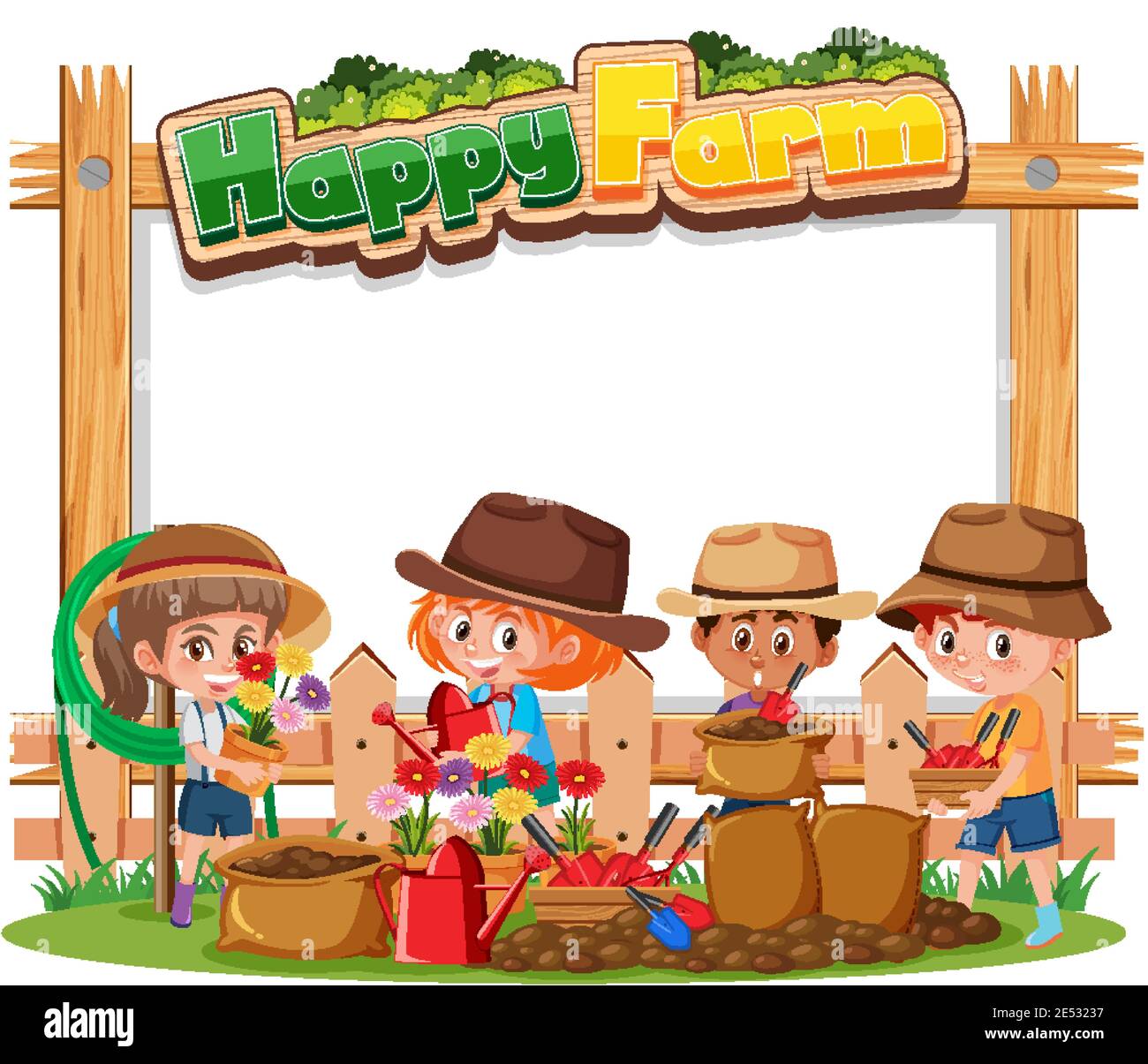Blank banner with Happy Farm logo and farmer kids isolated on white ...