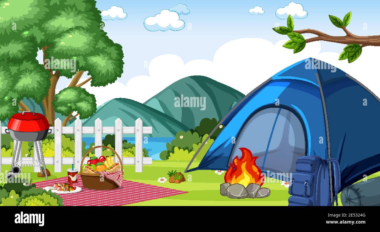 Camping or picnic in the nature park at daytime scene illustration ...