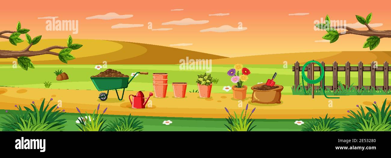 Rural garden outdoor scene illustration Stock Vector Image & Art - Alamy