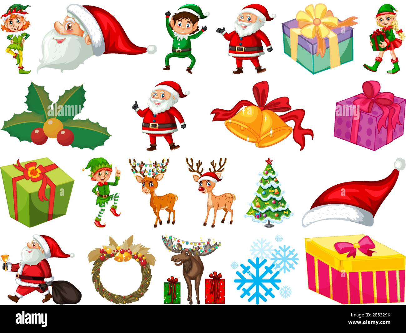 Set of Santa Claus cartoon character and Christmas objects isolated on ...