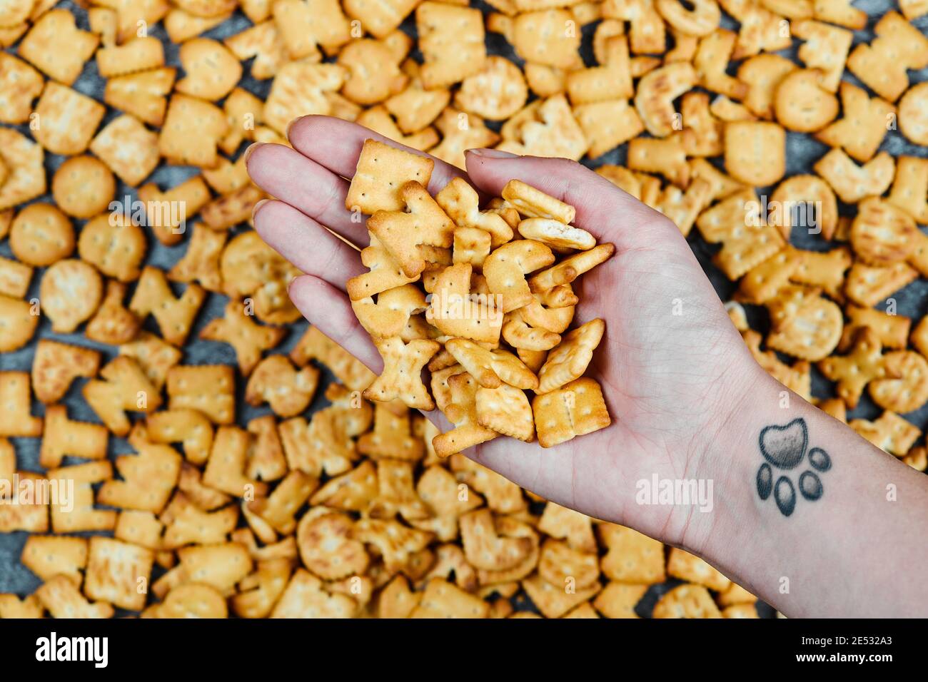 Hand holding alphabet crackers on blue table Stock Photo - Alamy
