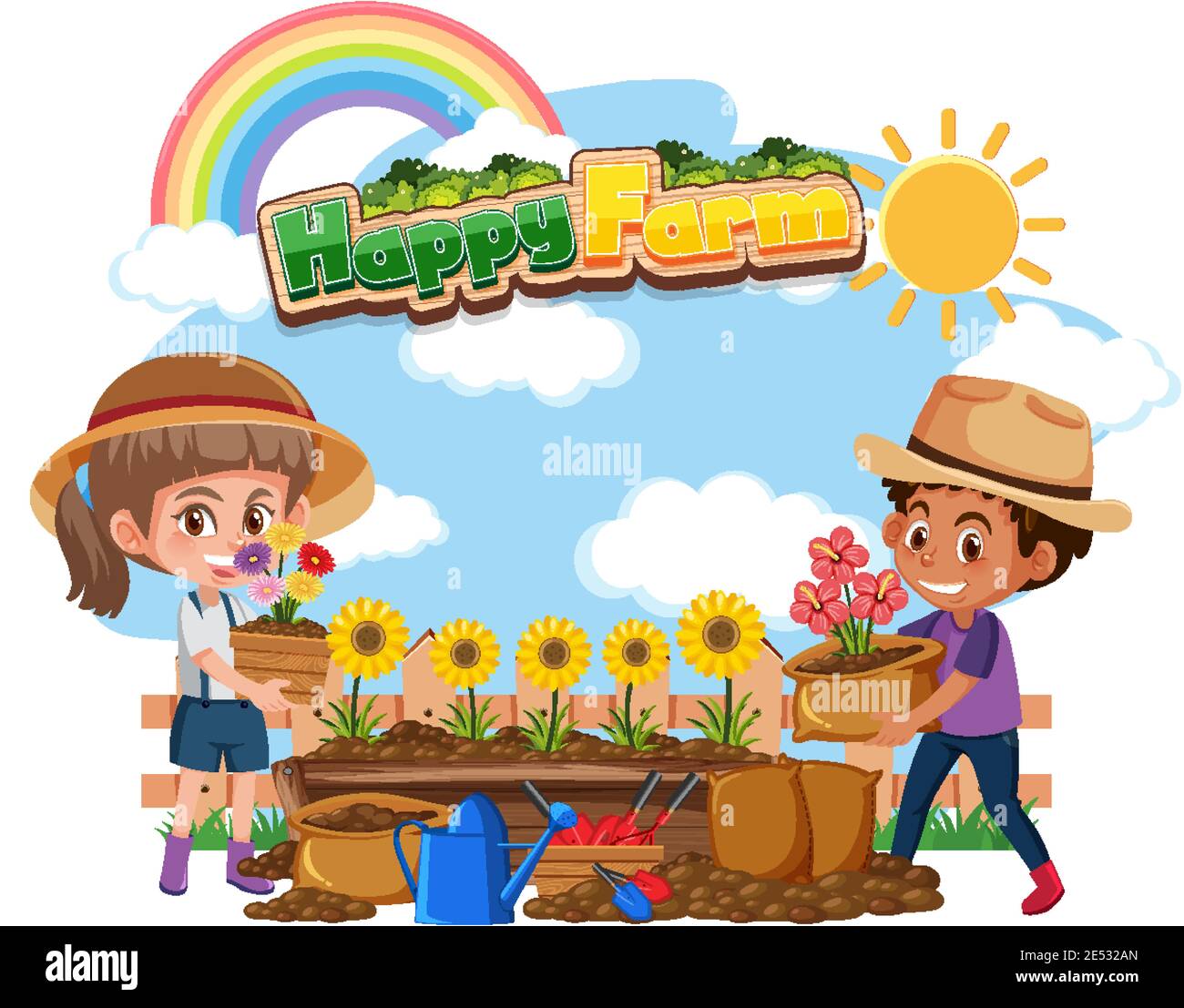 Font design for happy farm with happy kid and flowers illustration ...