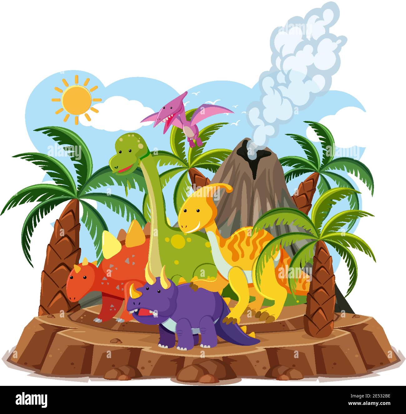 Cute dinosaurs with volcano erupting isolated on white background ...