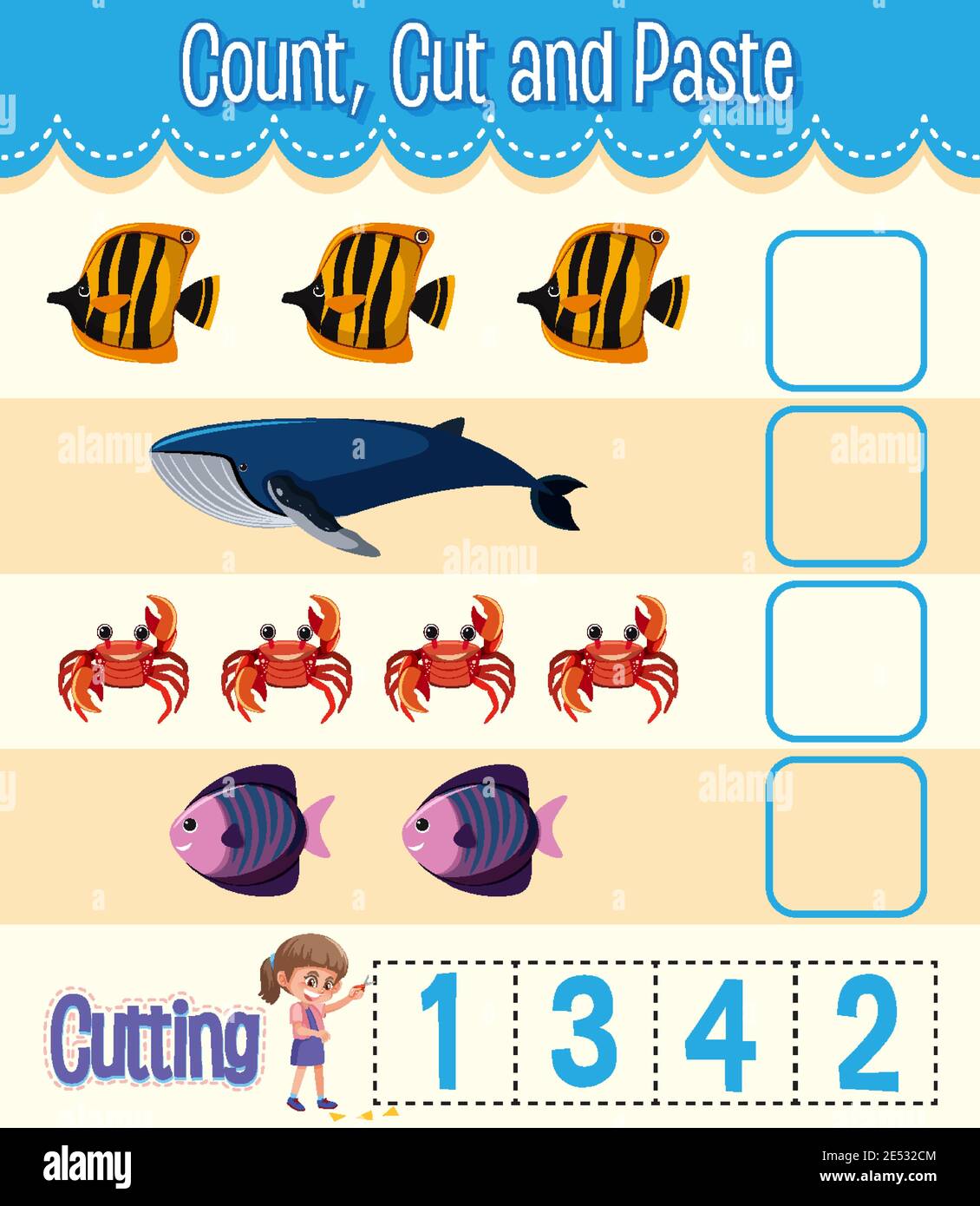 Count, Cut and Paste maths worksheet for children illustration Stock ...