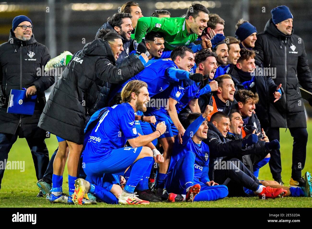 Como, Italy. 25th Jan, 2021. Teammates at Como 1907 celebrate the ...