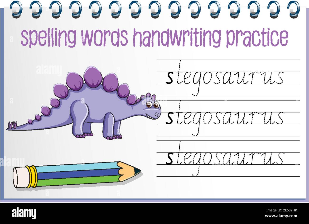 Spelling words dinosaur handwriting practice worksheet illustration ...