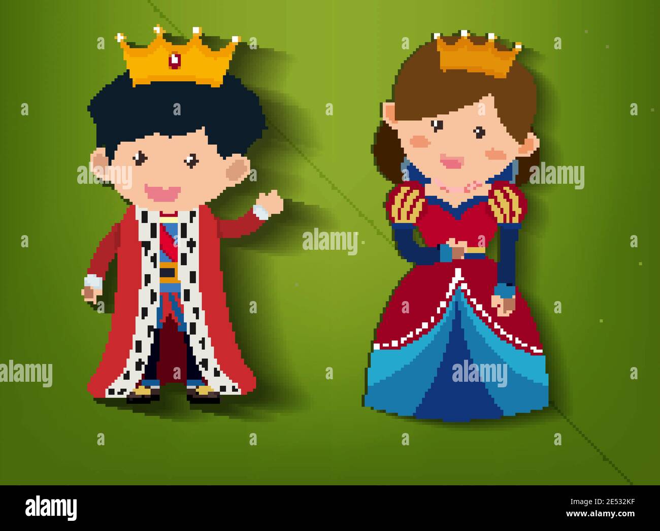 Little king and queen cartoon character on green background ...