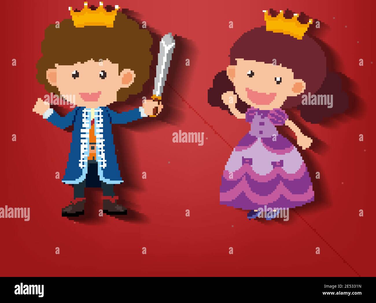 Little knight and princess cartoon character on red background ...