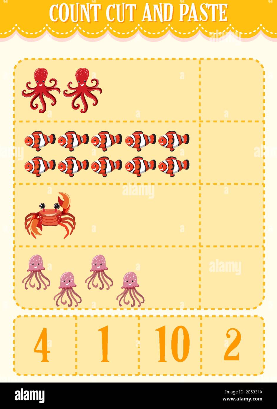 Count, Cut and Paste maths worksheet for children illustration Stock ...