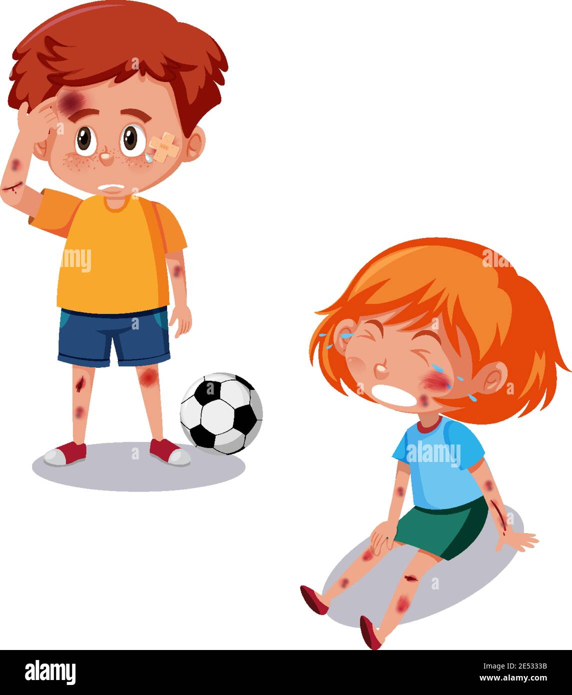 Boy and girl injured at head and arm from playing football illustration ...