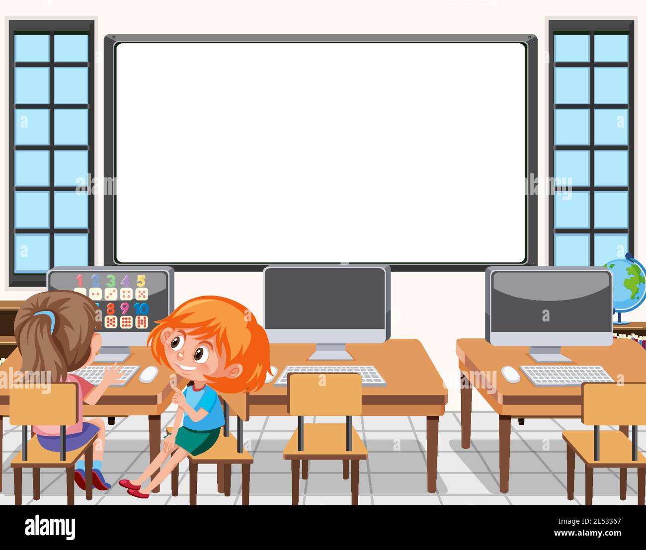 Young student using computer in the classroom scene illustration Stock ...