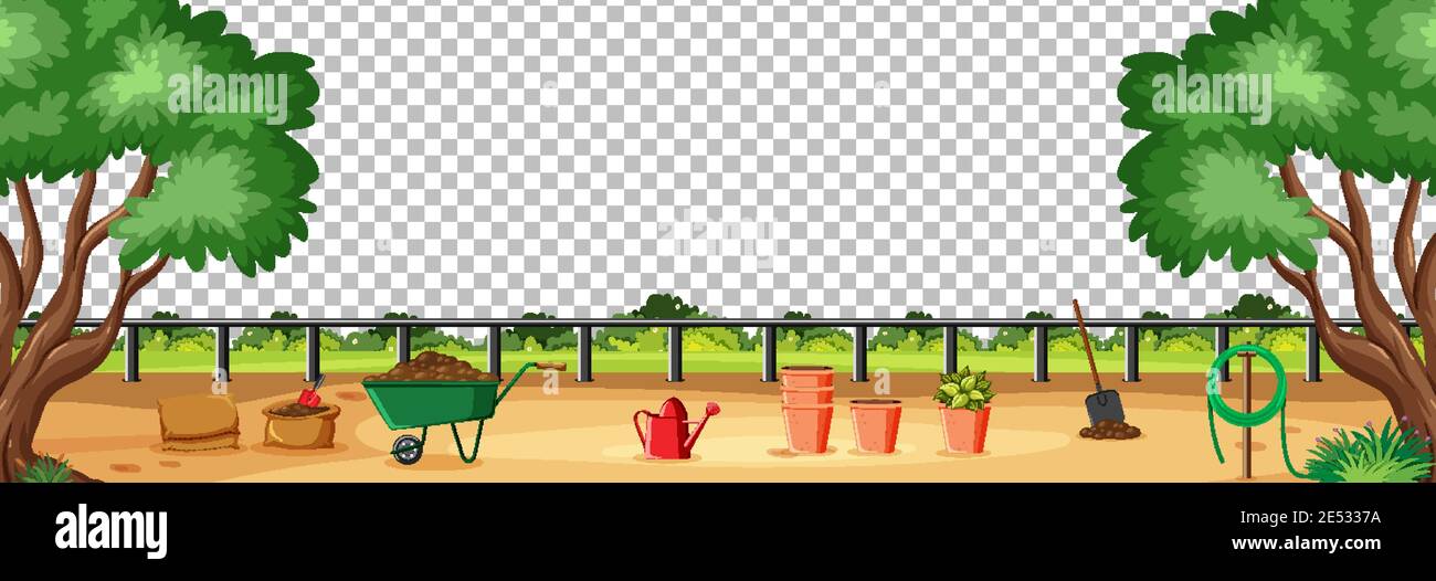 Blank nature garden with garden tools scene landscape on transparent ...