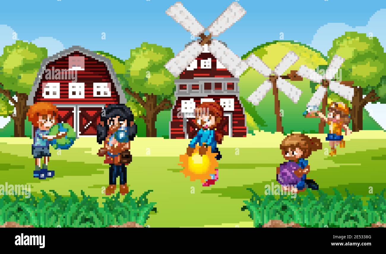 Scene with many children in the farm illustration Stock Vector Image ...