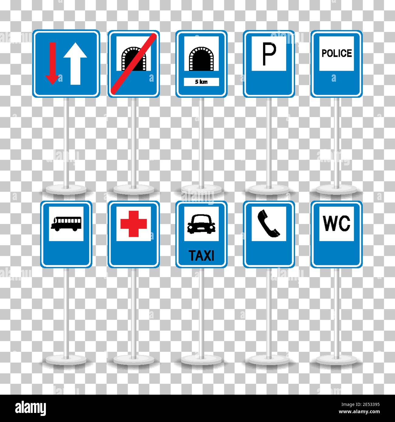Set of blue road signs with stand isolated on transparent background ...