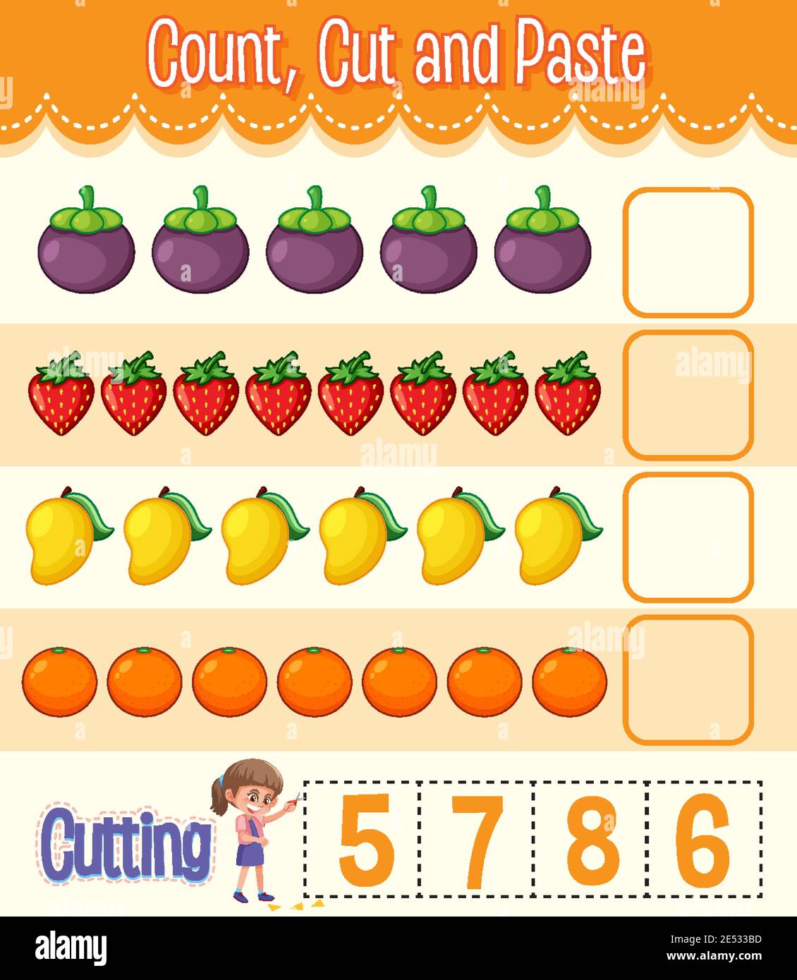 Count, Cut and Paste maths worksheet for children illustration Stock ...