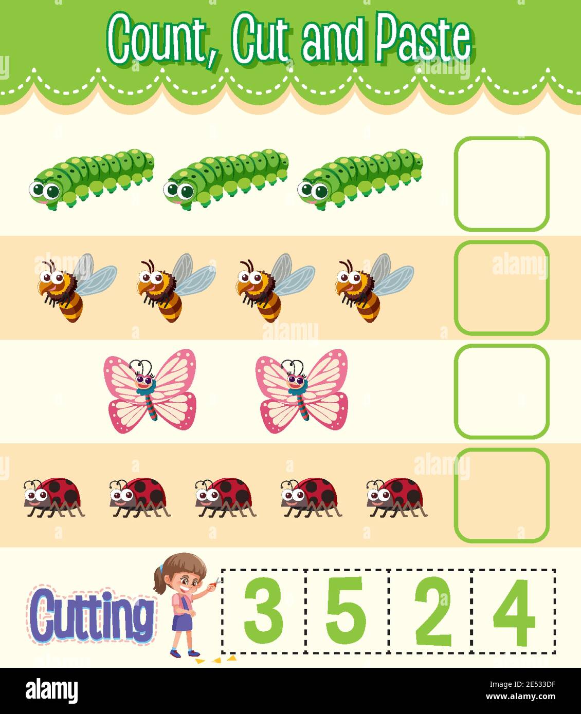 Count, Cut and Paste maths worksheet for children illustration Stock ...
