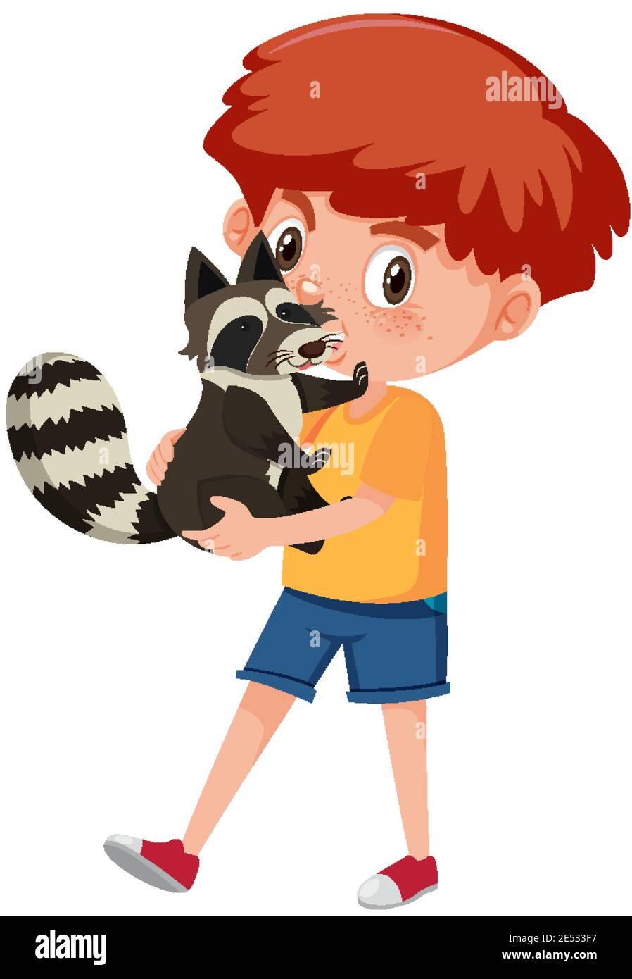 Boy holding cute animal cartoon character isolated on white background ...