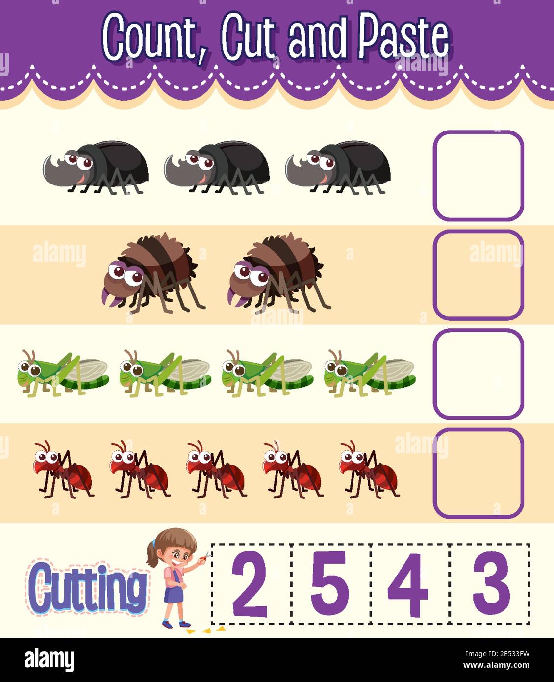 Count, Cut and Paste maths worksheet for children illustration Stock ...