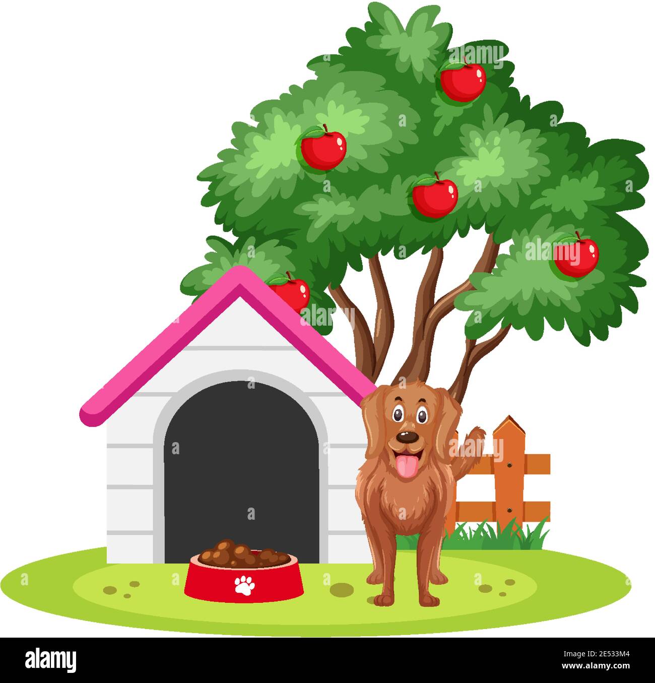 A dog standing beside dog house isolated on white background ...