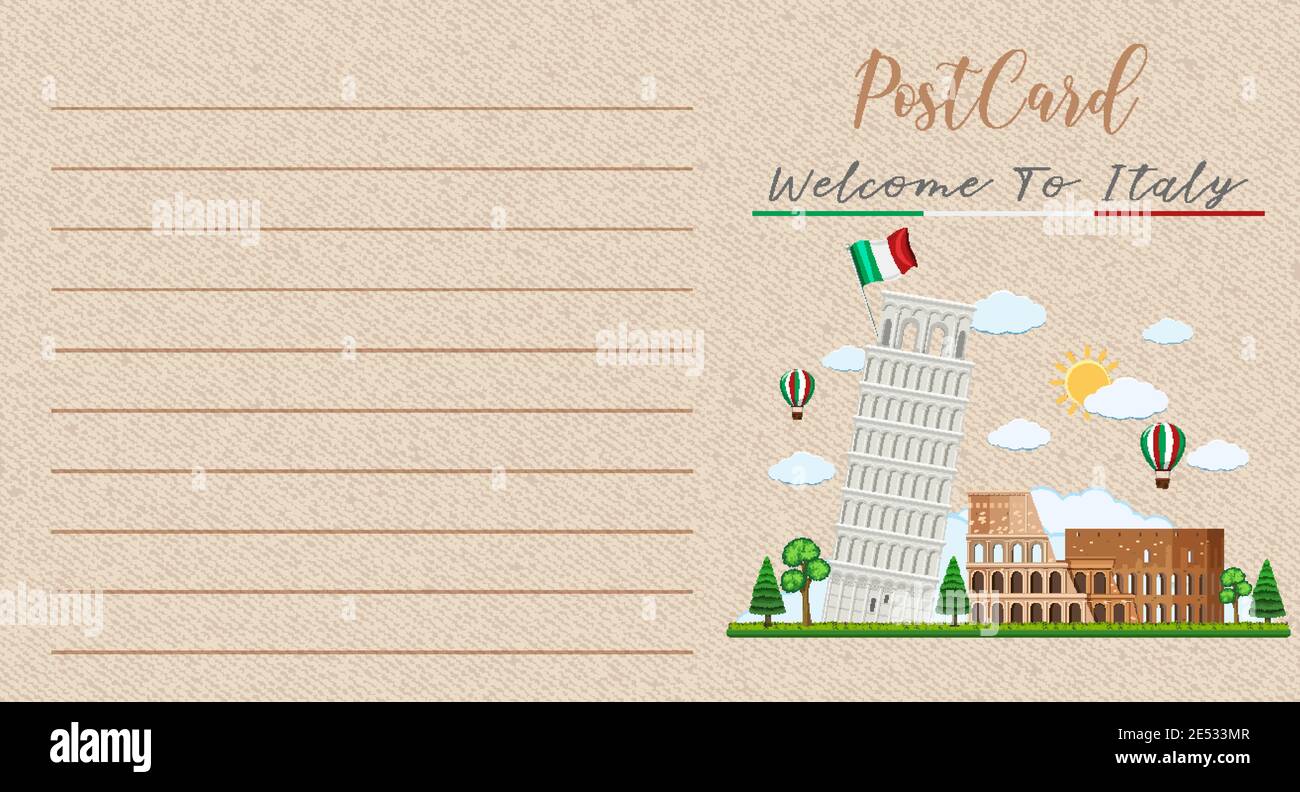 Blank vintage postcard with Colosseum and Pisa tower Italy illustration ...