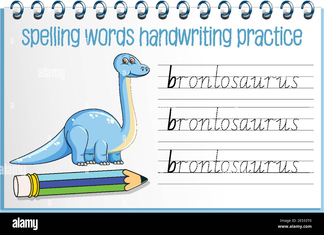 Spelling words dinosaur handwriting practice worksheet illustration ...