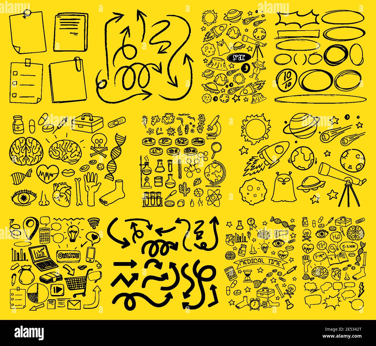 Set of object and symbol hand drawn doodle on yellow background ...