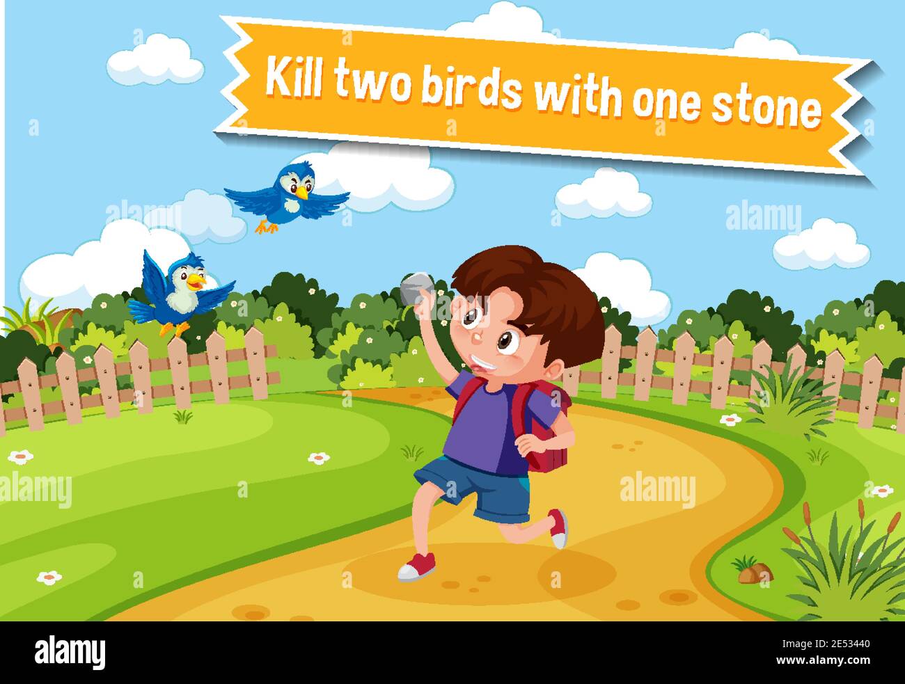 English idiom with picture description for kill two birds with one stone illustration Stock ...