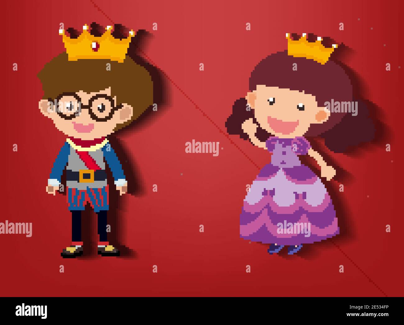 Little prince and princess cartoon character on red background ...