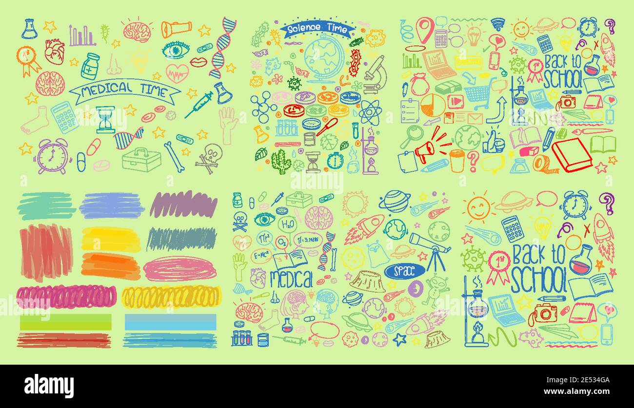 Set of colorful object and symbol hand drawn doodle on green background ...