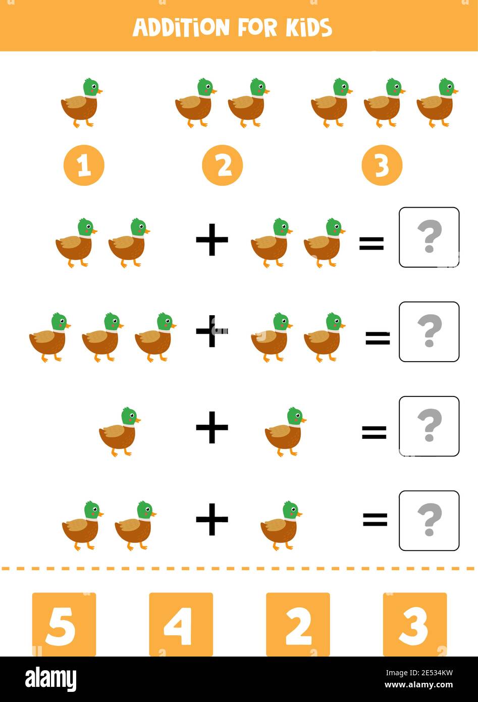 Addition game with cute cartoon duck. Math game for kids Stock Vector ...