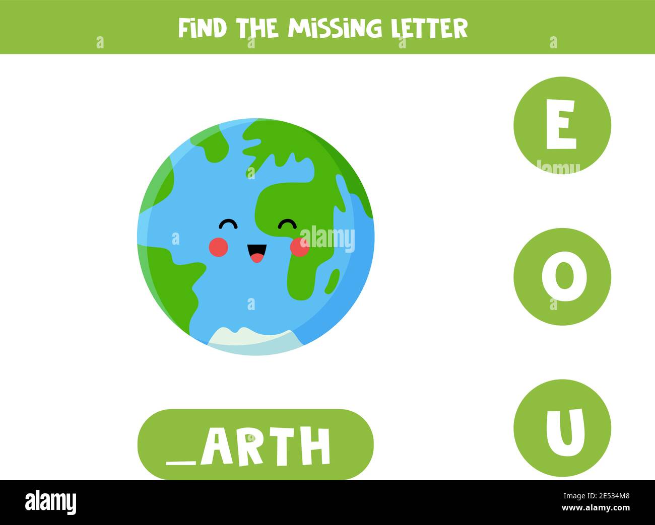Find missing letter. Cute kawaii Earth. Educational spelling game for ...