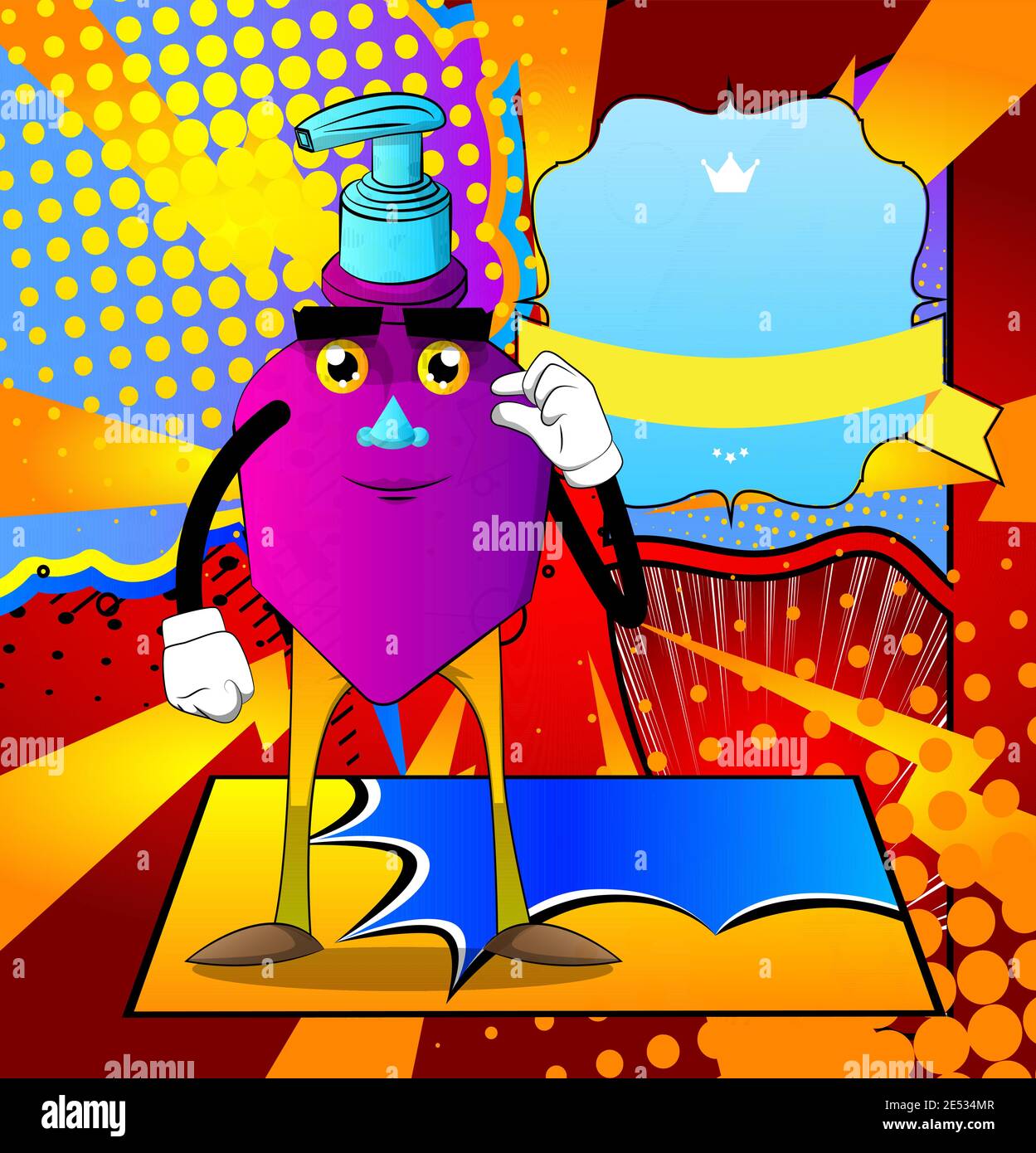 Cartoon bottle of hand sanitizer gel for hygiene with face gesturing a ...