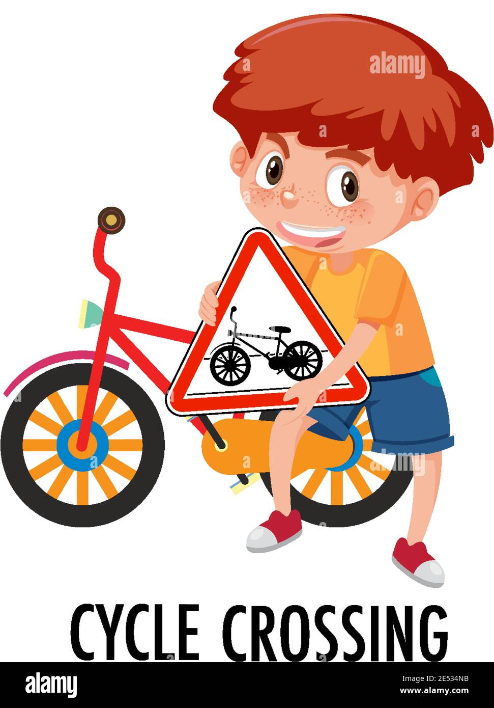 Boy holding cycle crossing sign isolated on white background ...