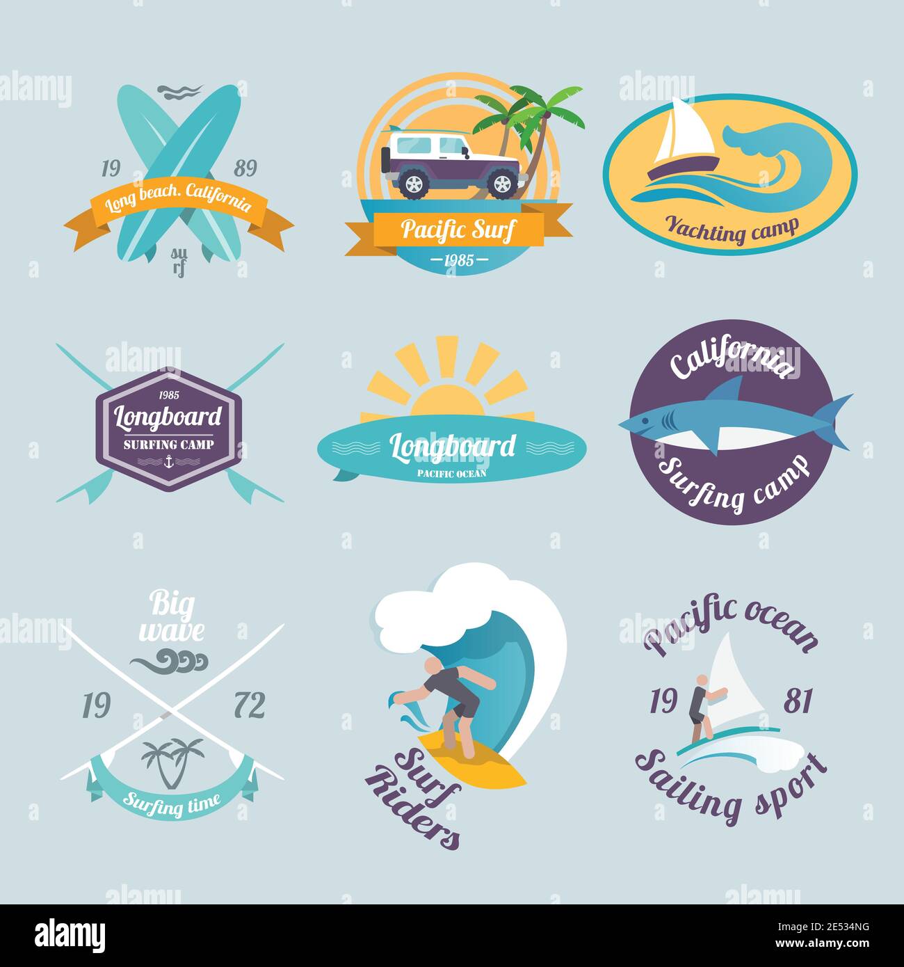 Beach surfing summer yachting labels set isolated vector illustration ...
