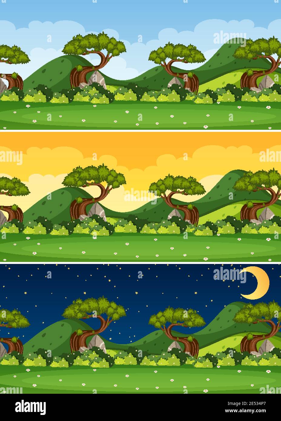 Nature landscape scene at different times of day illustration Stock ...