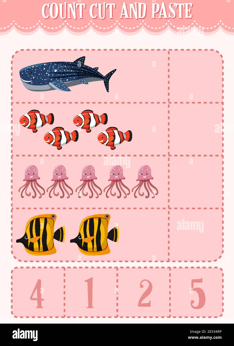 Count, Cut and Paste maths worksheet for children illustration Stock ...