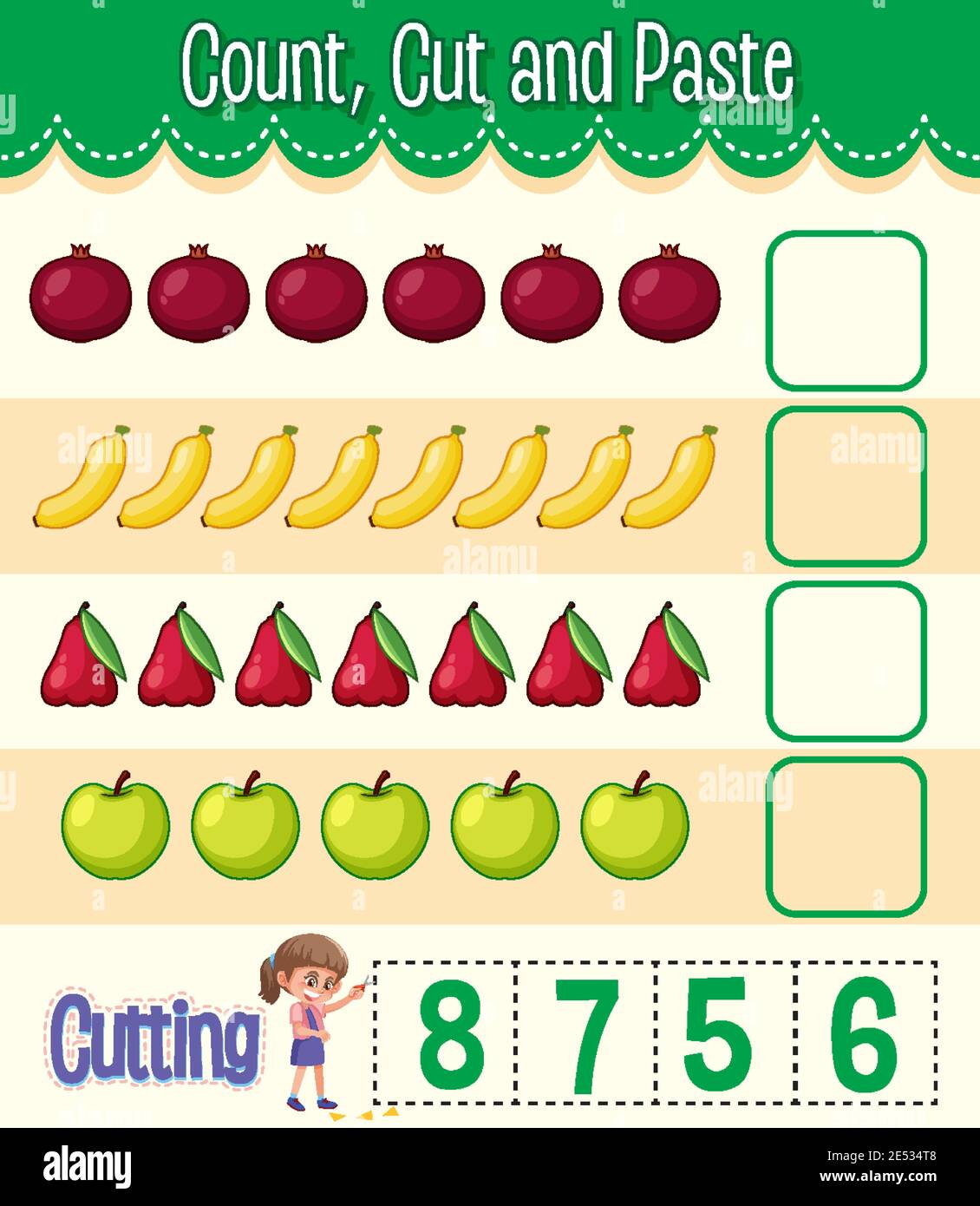 Count, Cut and Paste maths worksheet for children illustration Stock ...