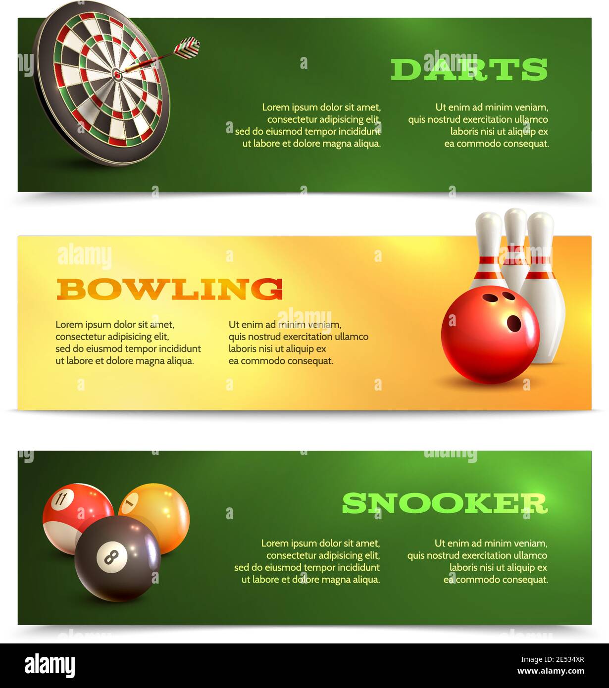 Game realistic horizontal banner set with bowling snooker darts ...