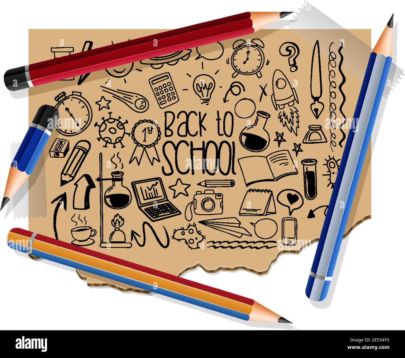 Hand drawn school elements on paper with many pencils illustration ...