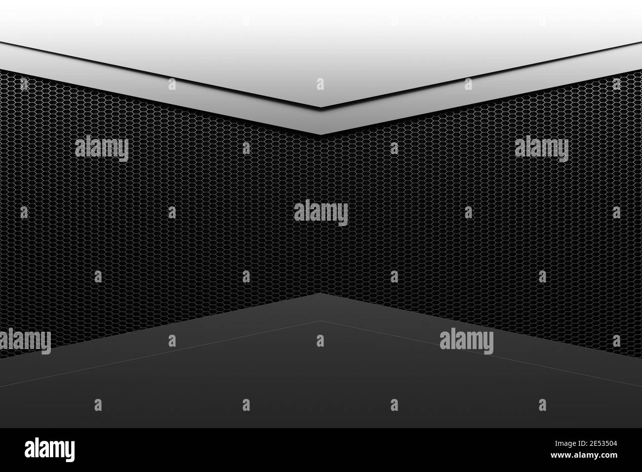 3D illustration corner of a rectangular room made of black honeycomb ...