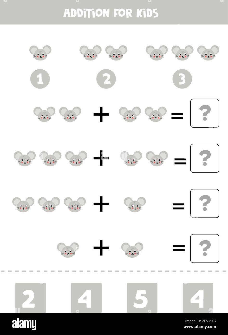 Addition game with cute cartoon mouse face. Math game for kids Stock ...