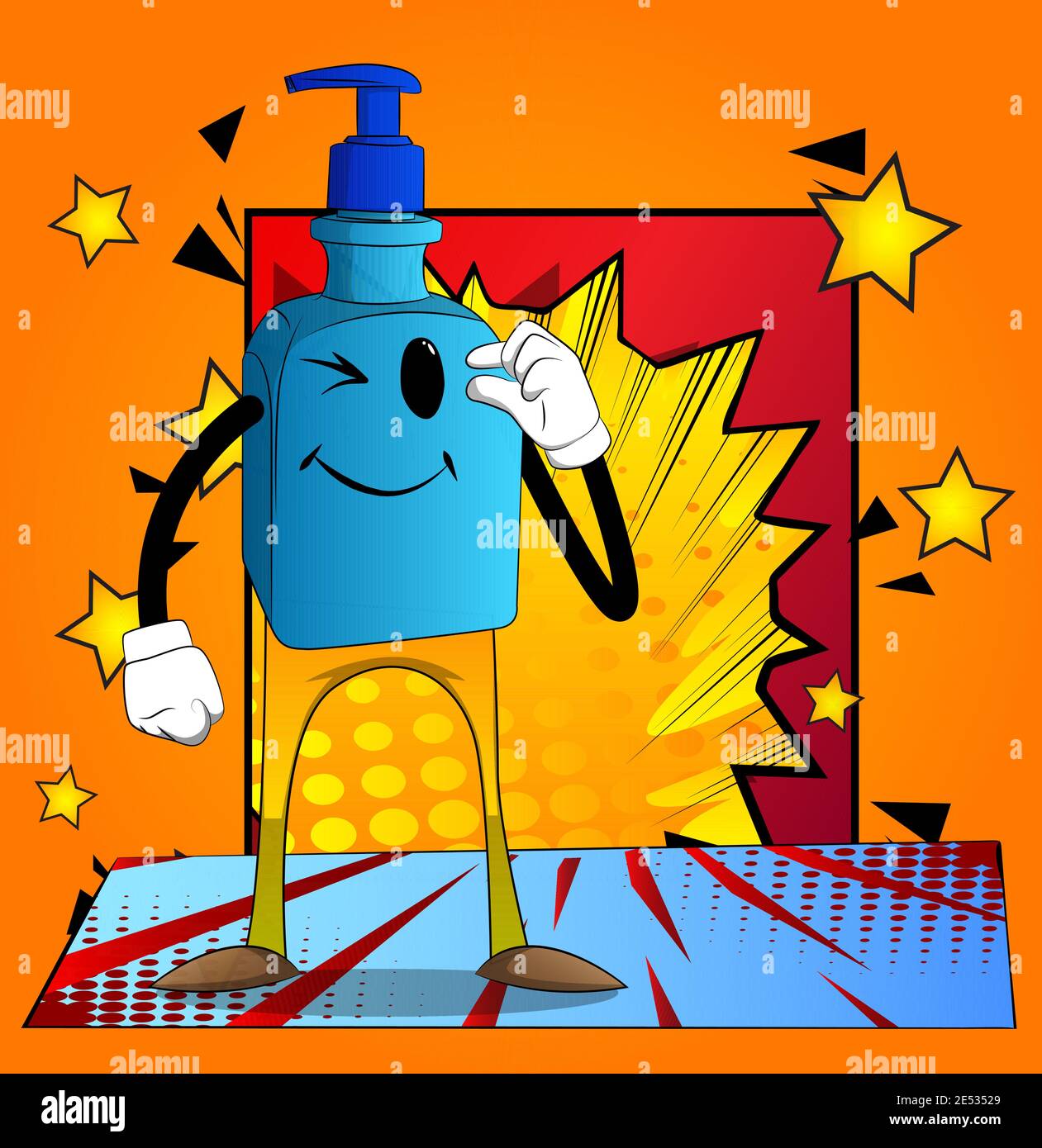 Cartoon bottle of hand sanitizer gel for hygiene with face gesturing a ...