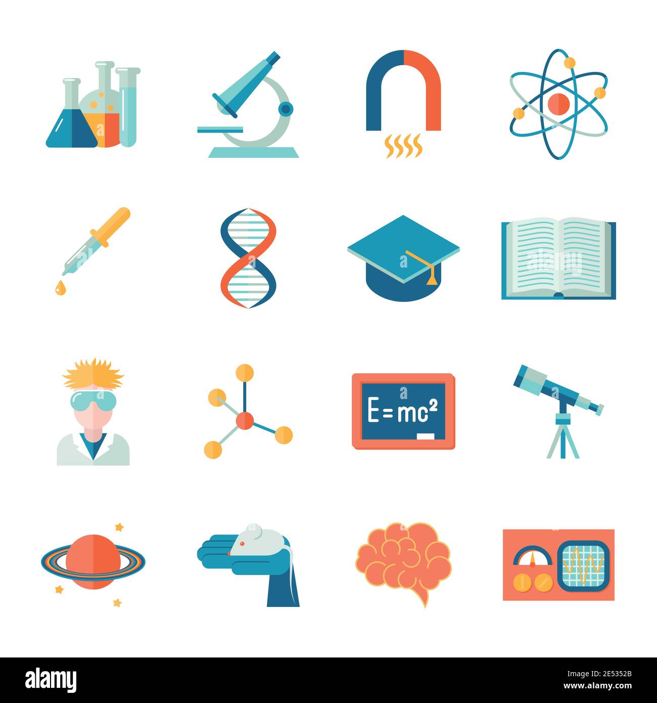 Science and research icon flat set with microscope tube atom isolated ...